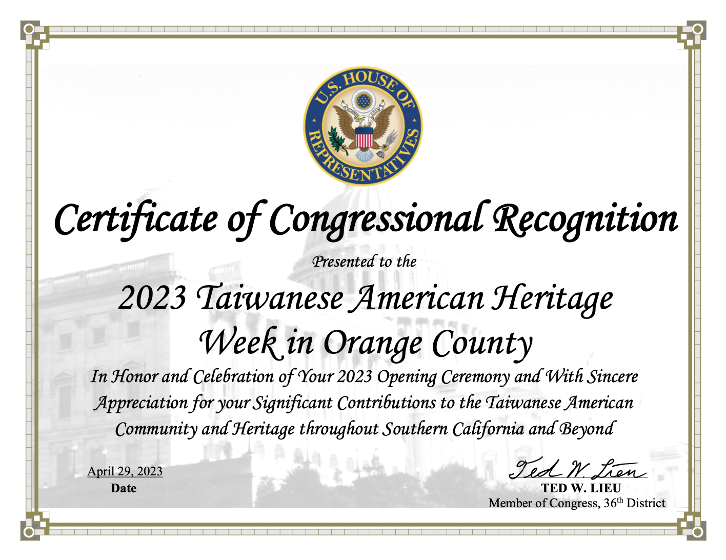 U.S. ELECTED OFFICIALS COMMEMORATE TAIWANESE AMERICAN HERITAGE WEEK ...