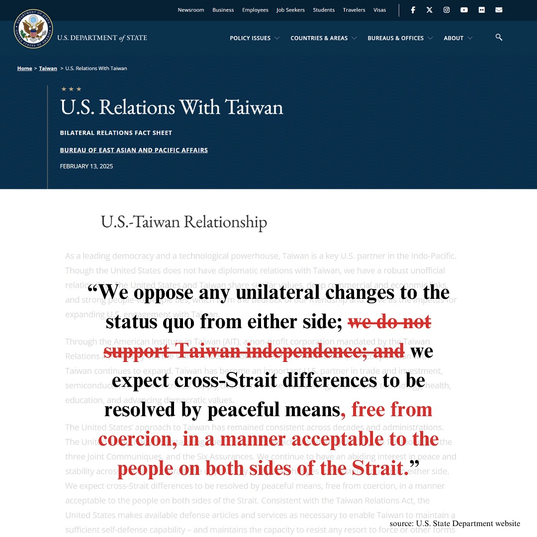 2025-0221: U.S. Drops Wording on Not Supporting Taiwan Independence; U ...